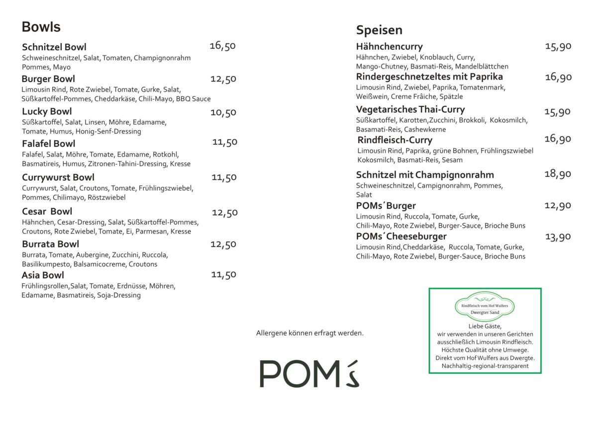 Speisewelt – POMś in Werlte – Aktuelle Speisekarte